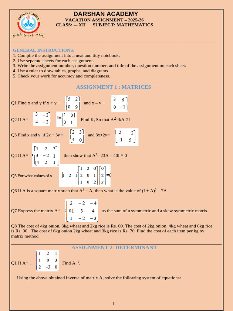 XII Math Summer Assignment 2025 | PDF | Matrix (Mathematics) | Area