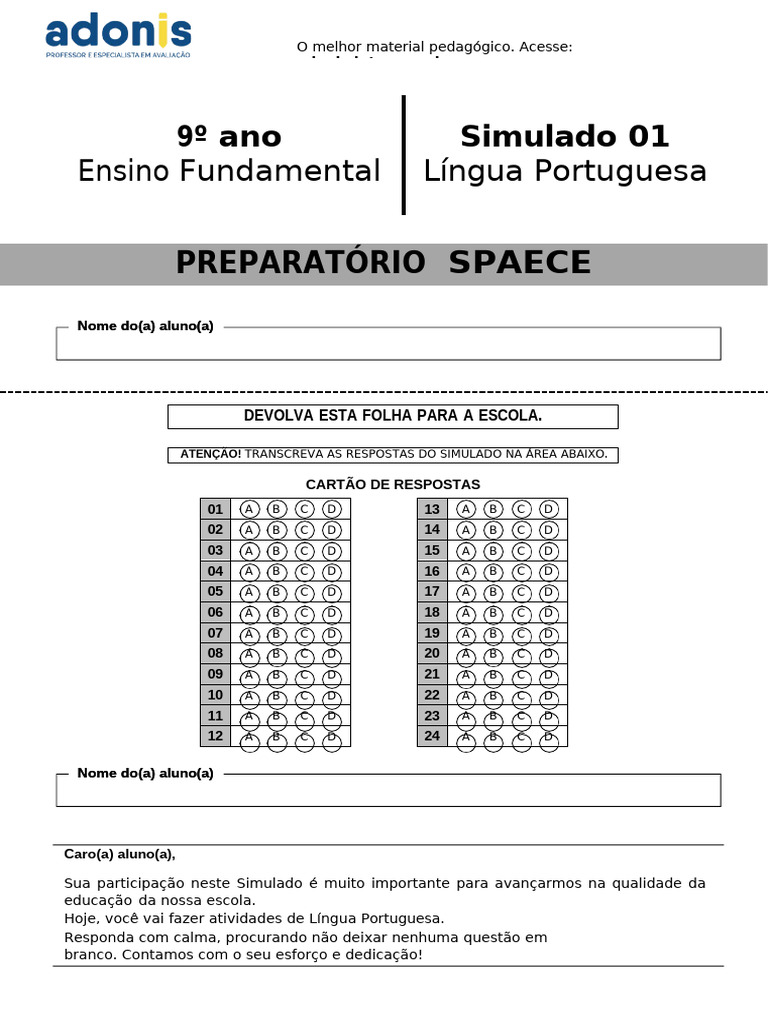 Simulado 01 - Português - 9º Ano (Professor Adonis) | PDF | Adolescência | Dormir