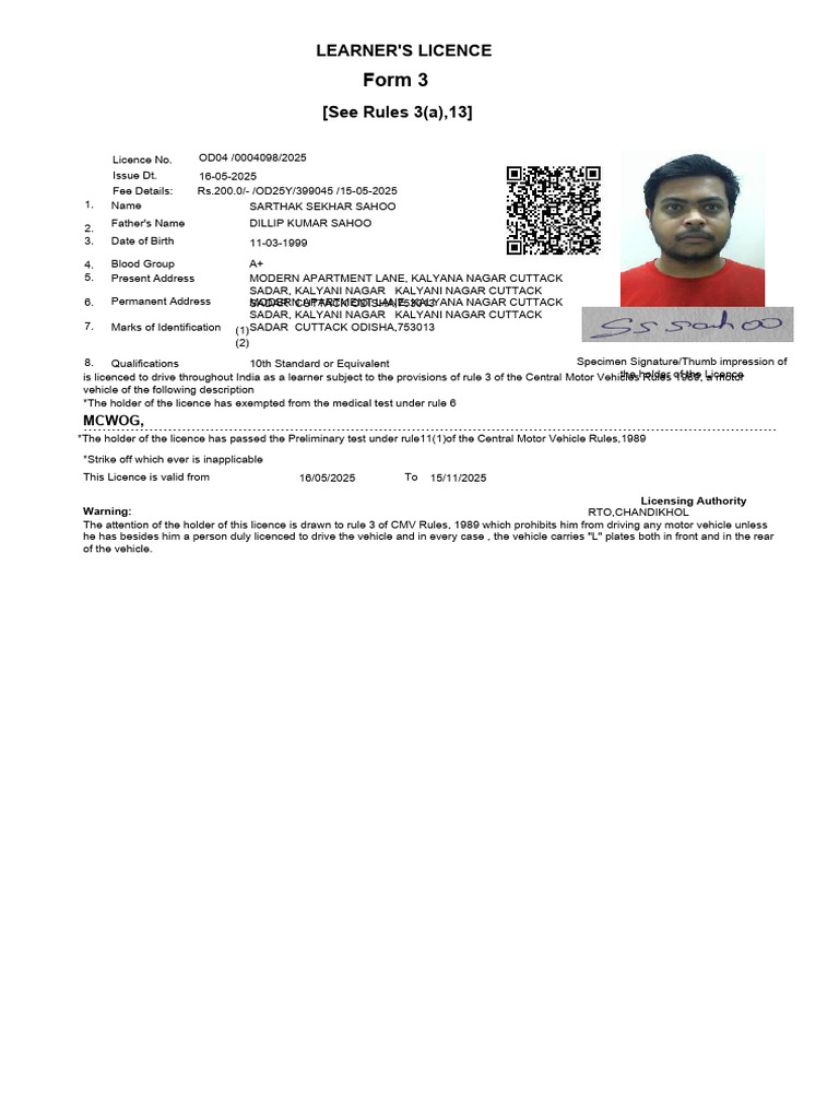 Learner's Licence Form Details | PDF | Road Transport | Transport