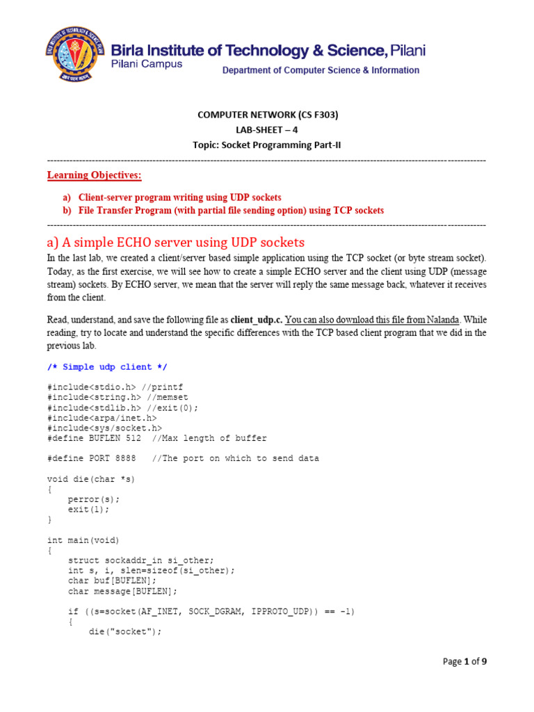 Week-4 Lab Sheet UDP Sockets and File Transfer | PDF | File Transfer Protocol | Computer Networking