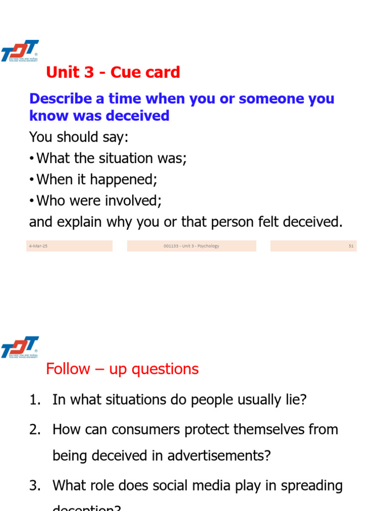 Unit 3 - Cue Card Follow Up Questions | PDF