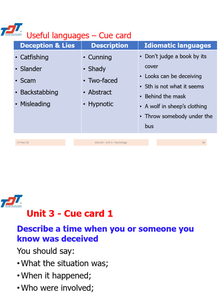 Unit 3 - Cue Cards and Follow Up Questions | PDF | Deception
