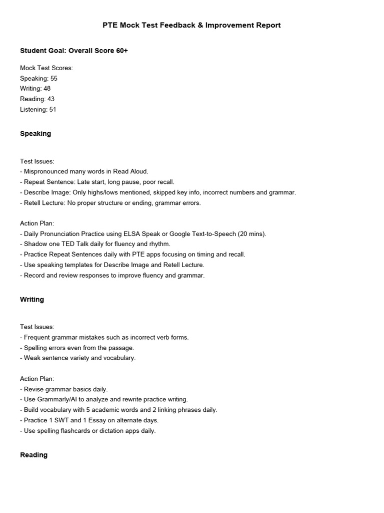 PTE Mock Test Report | PDF | Reading Comprehension | Learning