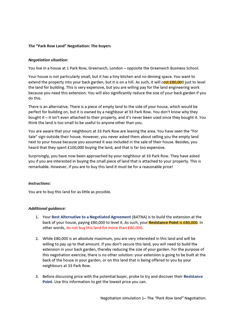 Negotiation Simulation 1 Park Row, Buyer | PDF | Negotiation