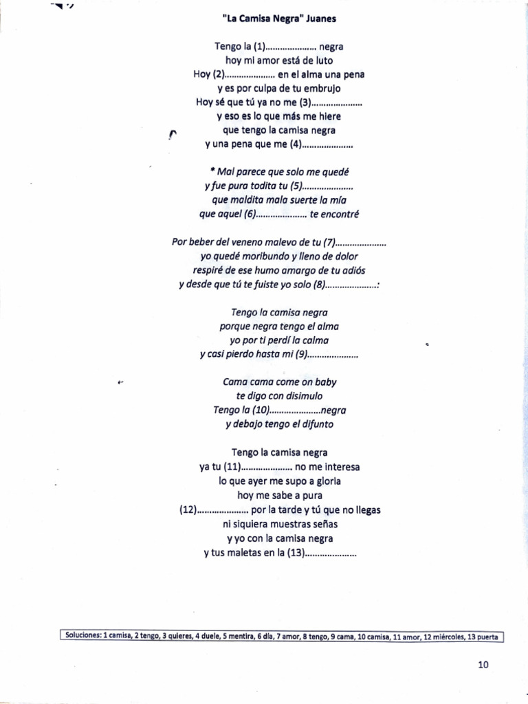 Tarea Canción Tengo La Camisa Negra (Juanes) | PDF