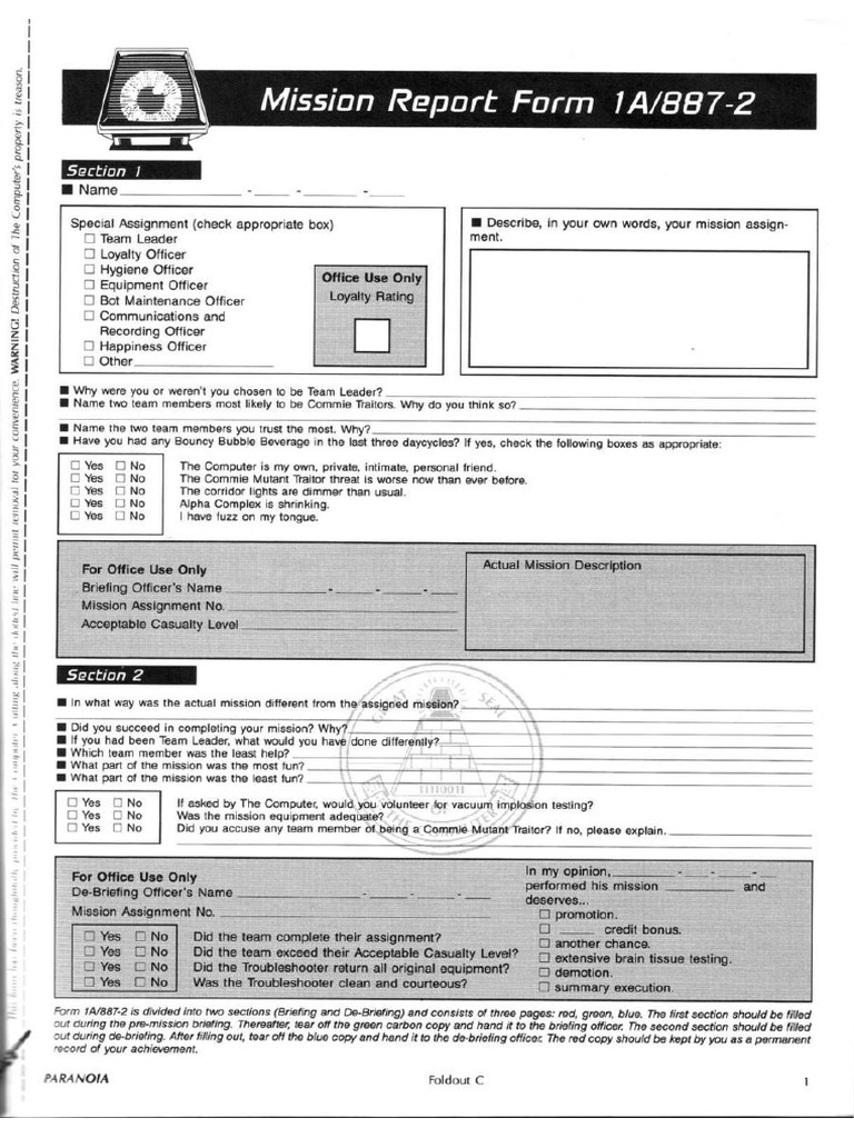 Paranoia 2e Core Character Sheet | PDF