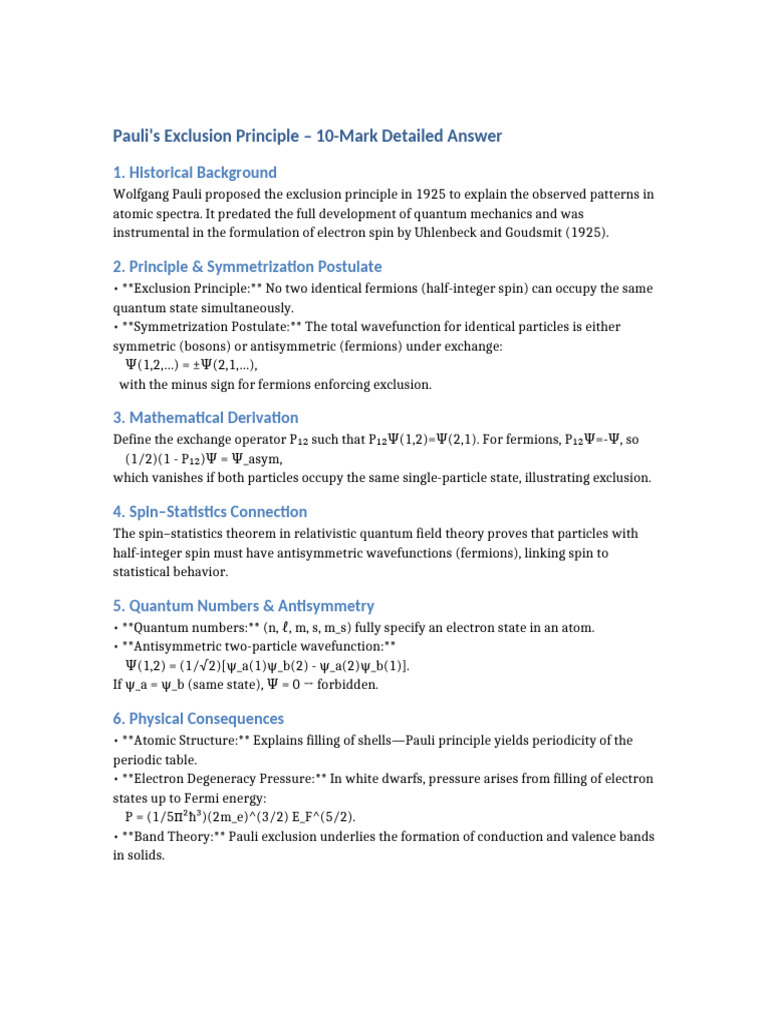 Pauli Exclusion Principle Detailed 10 Mark Answer | PDF | Spin (Physics ...