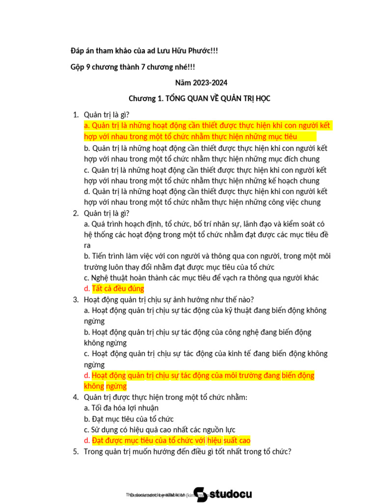 Quan Tri Hoc 2024 Huit Trac Nghiem Quan Tri Hoc Pages | PDF