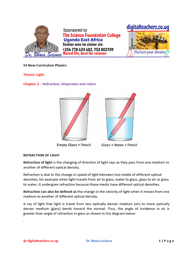 S3 New Curriculum Physics Notes Chapter 2 - REfraction Dispersion and ...