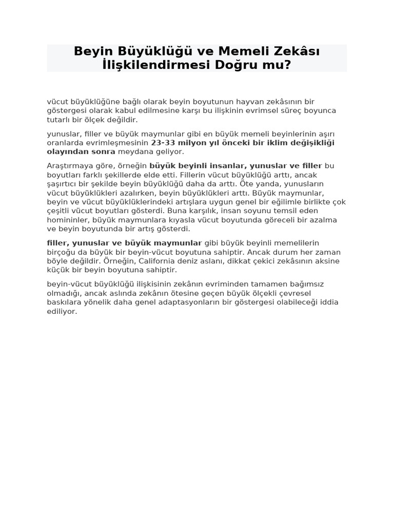 Beyin Büyüklüğü Ve Memeli Zekâsı İlişkilendirmesi Doğru Mu | PDF