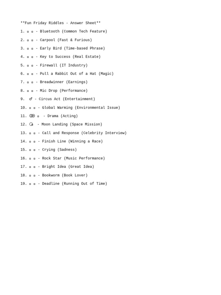 Fun Friday Riddles Answers 1 | PDF