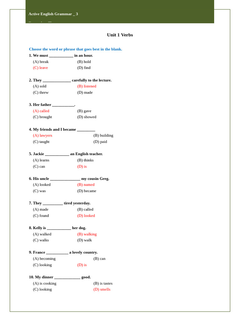 Active English Grammar 3 Practice Test AK | PDF | English Grammar ...