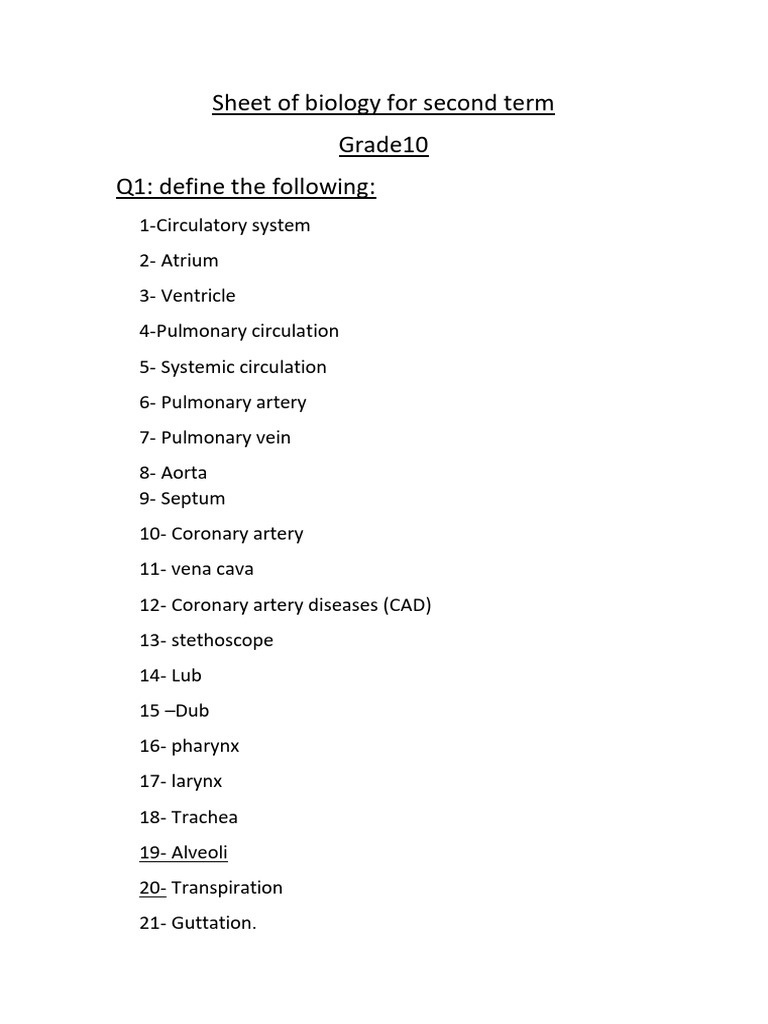 Sheet of Biology For Second Term | PDF