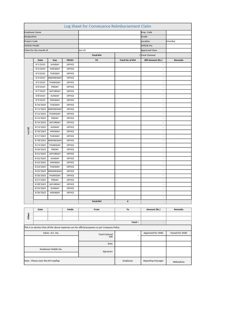 Local Conveyance Claim Sheet - Sample | PDF