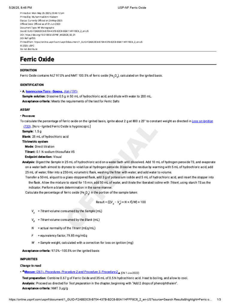 Ferric Oxide NF Monograph Overview | PDF | Titration | Chemistry