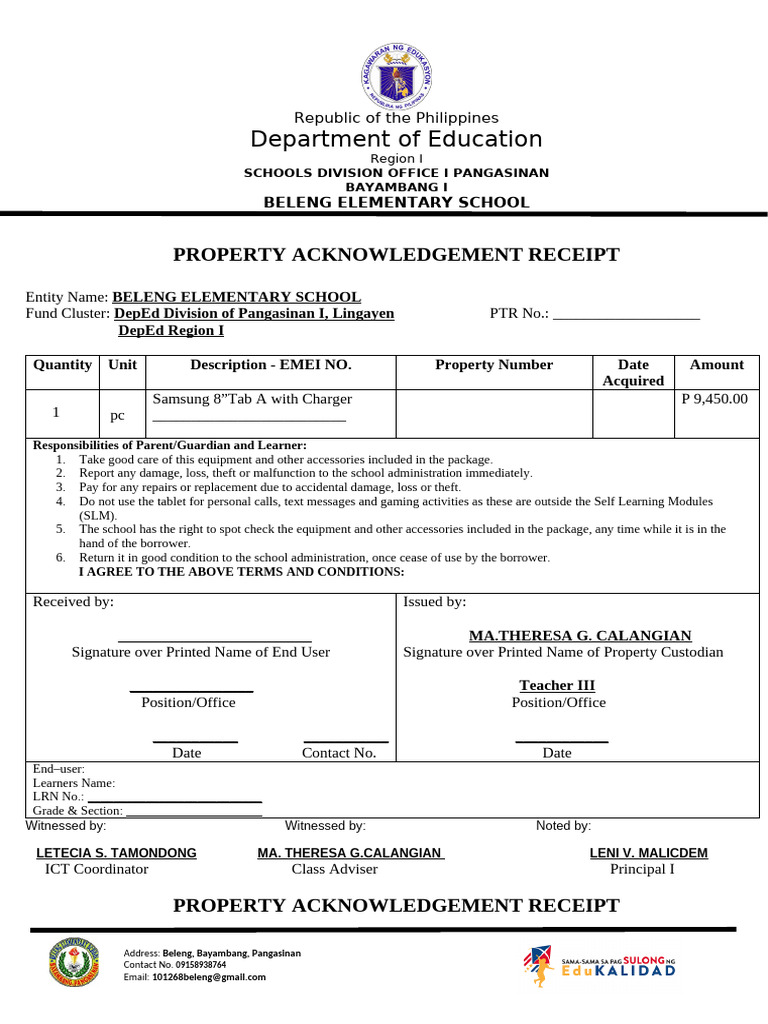 Beleng Elementary School Property Receipt | PDF | Philippines