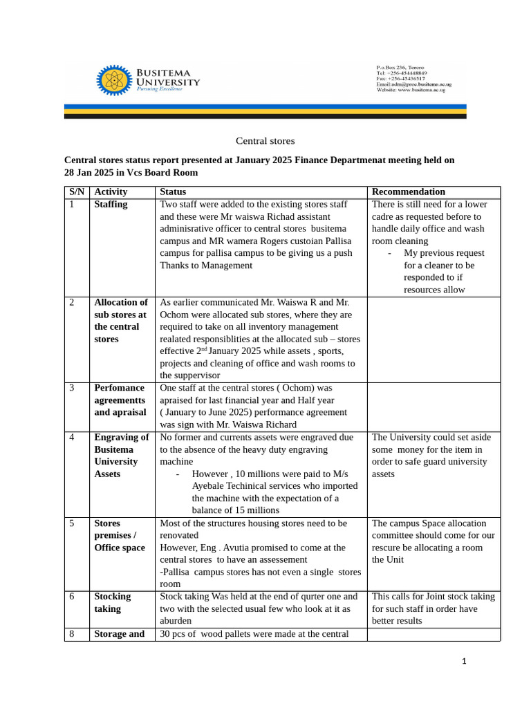 Central Stores Status Report - Jan 2025 | PDF | Economies