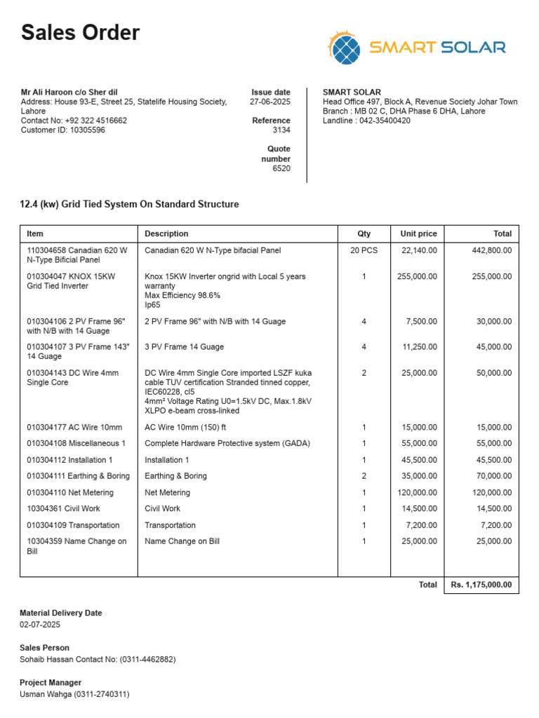 Sales Order 3134 - MR Ali Haroon C - o Sher Dil | PDF | Power Inverter | Electric Power