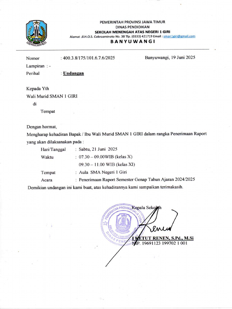 Undangan Penerimaan Raport | PDF