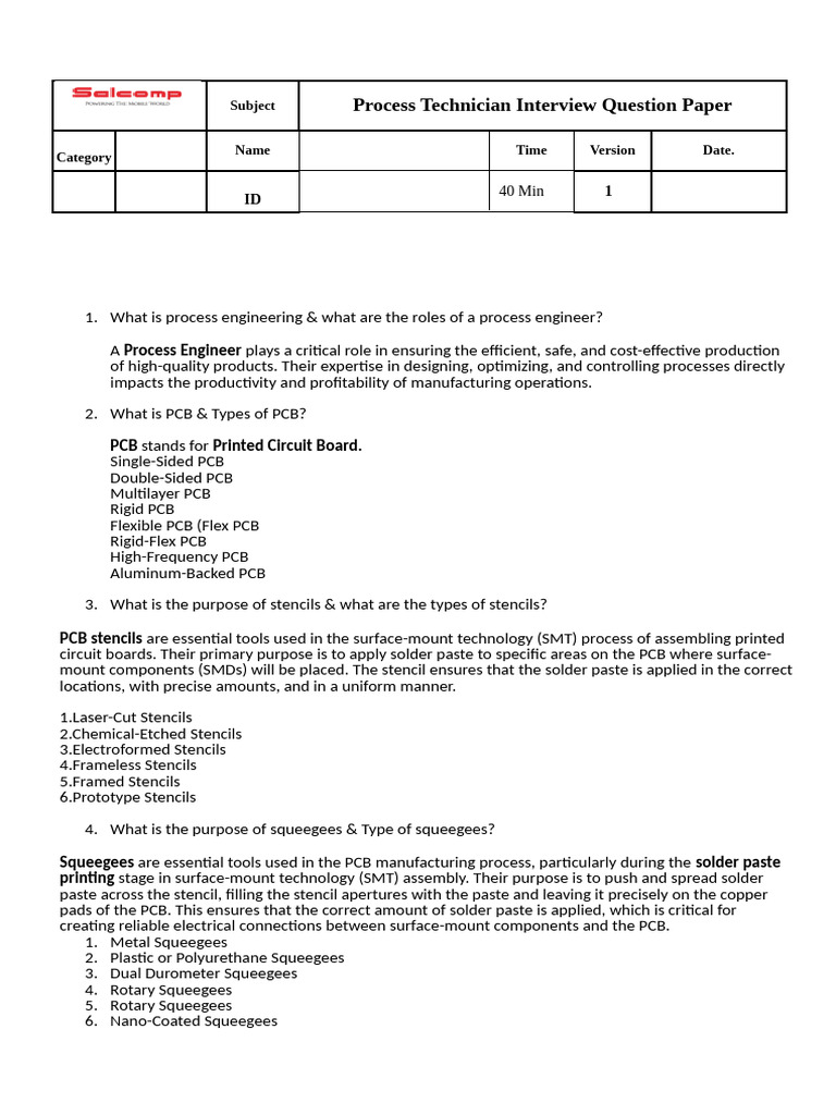 Process Technician Question Paper | PDF | Soldering | Printed Circuit Board