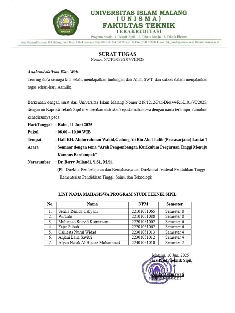 Yth. Surat Tugas Mhs PSTS - Seminar Kurikulum Berdampak | PDF