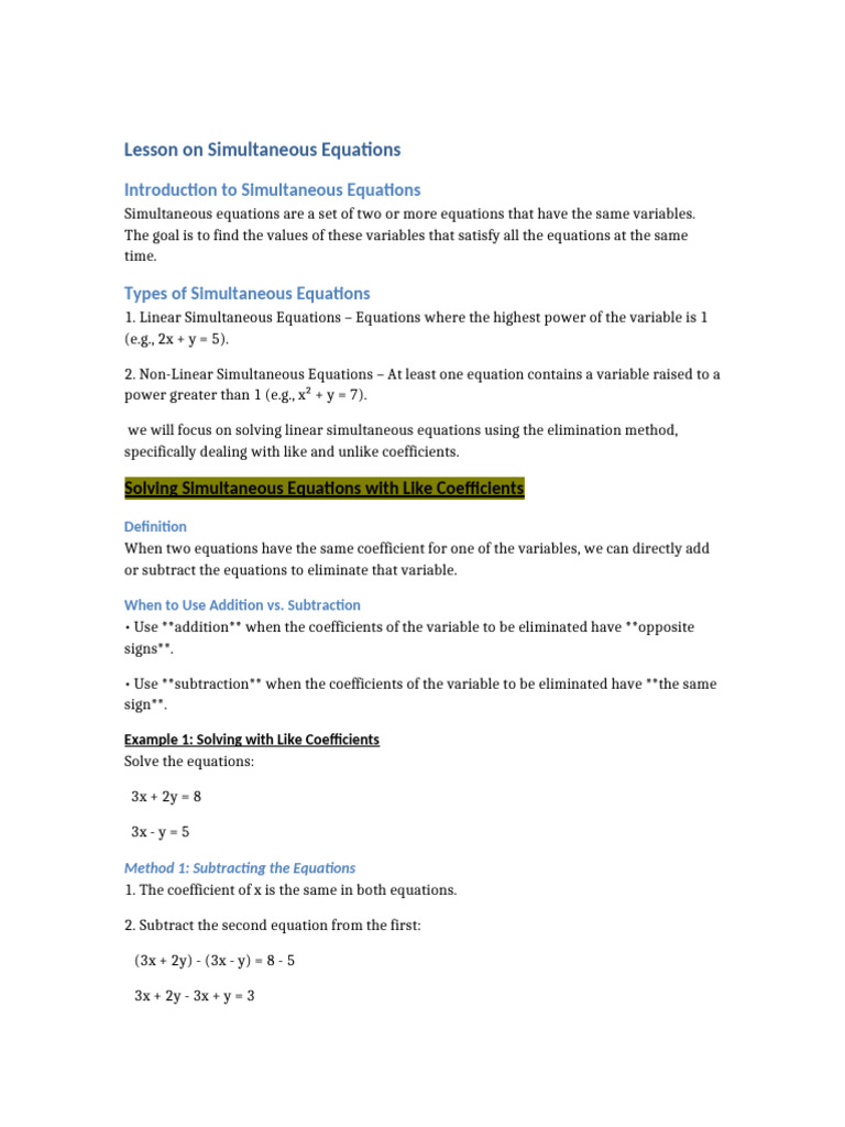 Simultaneous Equations Lesson 3 | PDF | Equations | System Of Linear Equations