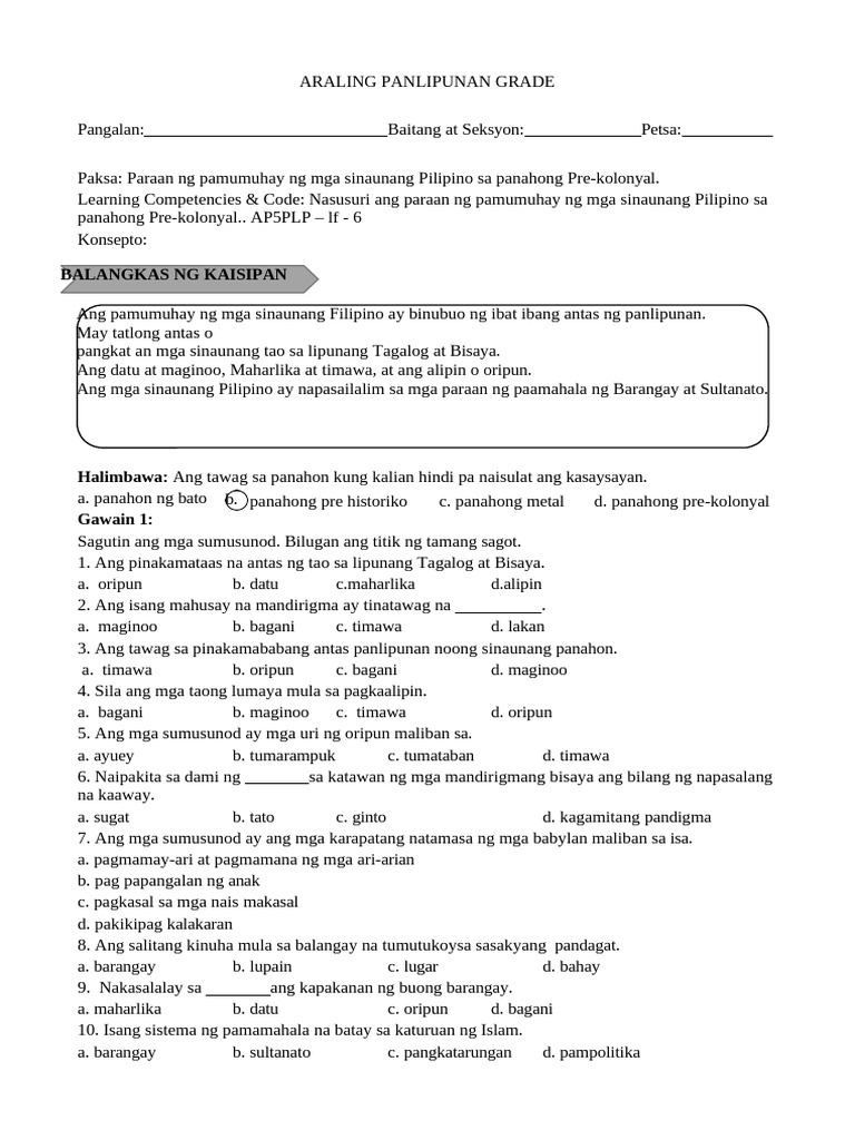 Araling Panlipunan Grade 5 Worksheets | PDF