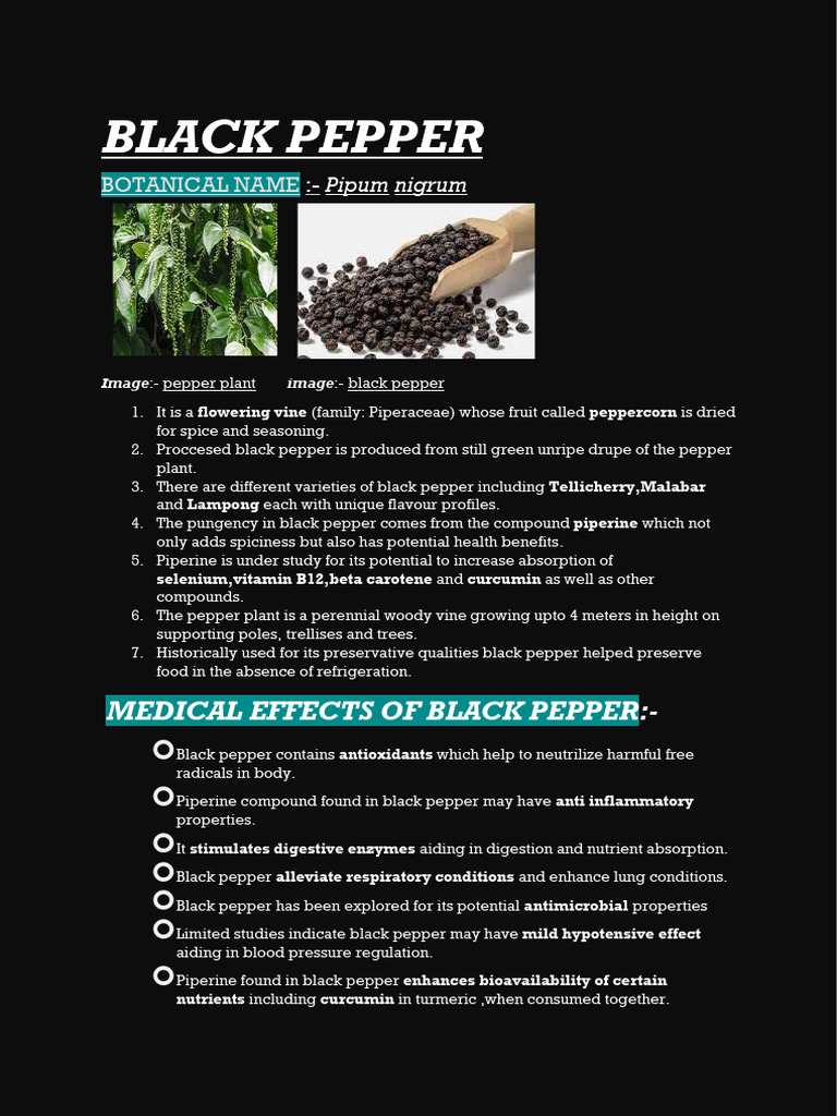 Health Benefits and Varieties of Black Pepper | PDF