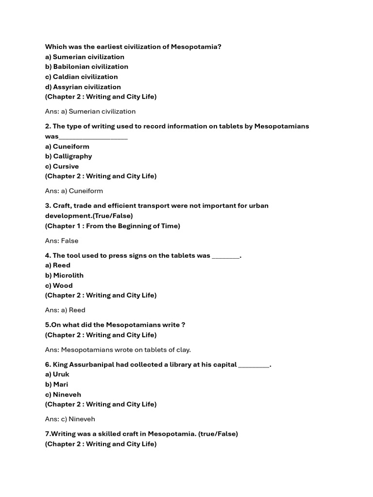 Extra Mesopotamia Questions | PDF | Mesopotamia | Sumer