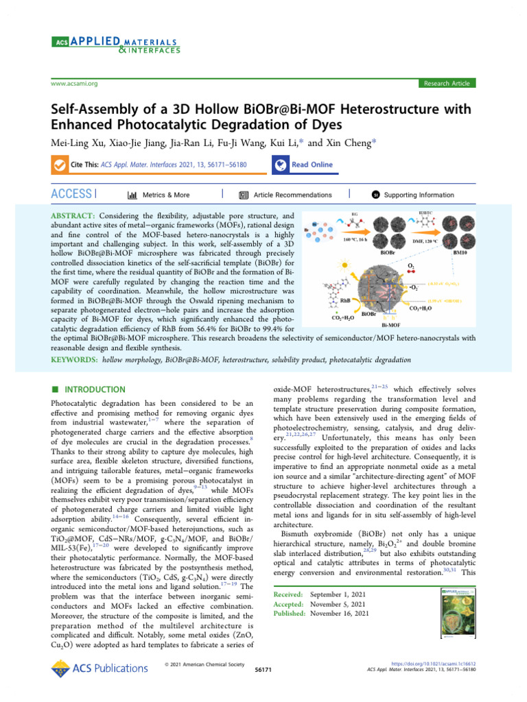 Xu Et Al 2021 Self Assembly of A 3d Hollow Biobr Bi Mof Heterostructure With Enhanced ...