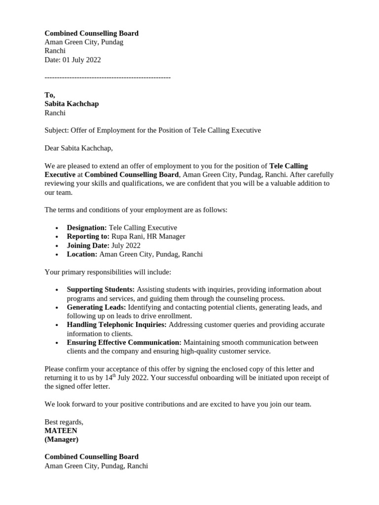 Combined Counselling Board OFFER LETTER | PDF