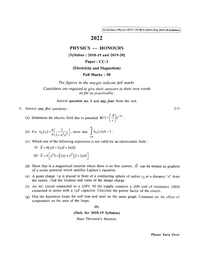 CU-2022 B.sc. (Honours) Physics Semester-2 Paper-CC-3 QP | PDF | Inductance | Magnetic Field