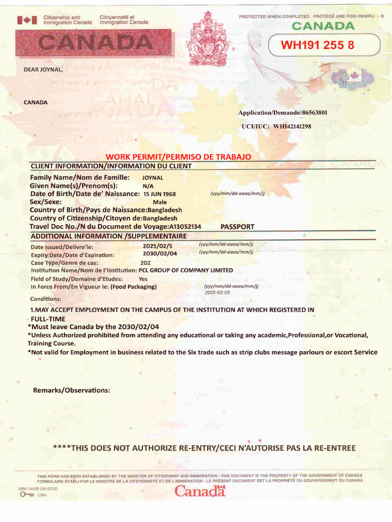 Joynal Work Permit Form PCL Company Canada | PDF
