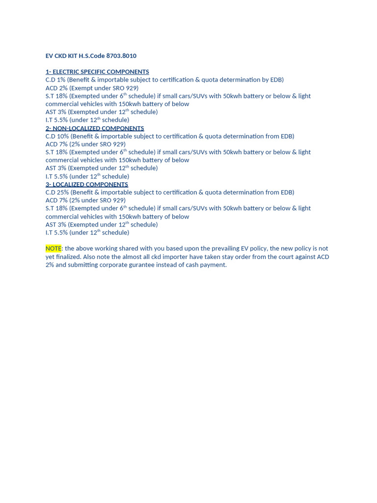 EV CKD Kit Import Tax Breakdown | PDF