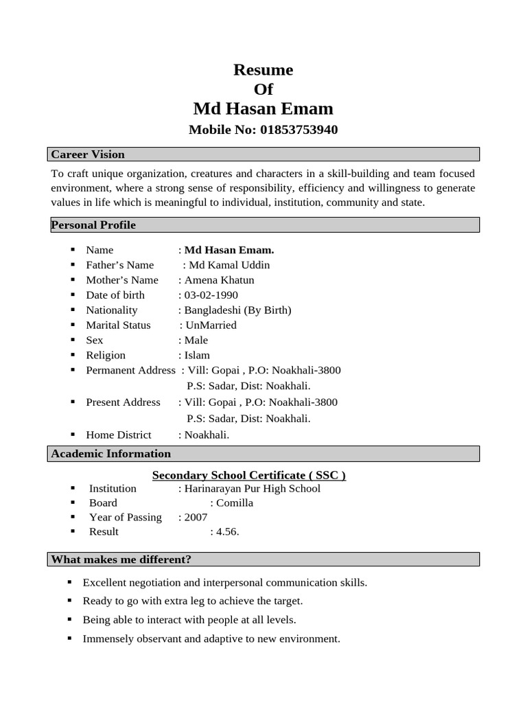 MD Hasan Emam CV SSC of | PDF