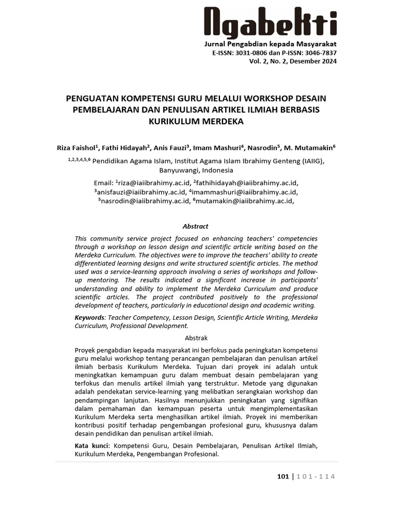 Penguatan Kompetensi Guru Melalui Workshop Desain Pembelajaran Dan Penulisan Artikel Ilmiah ...
