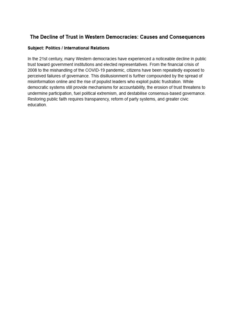 The Decline of Trust in Western Democracies - Causes and Consequences | PDF