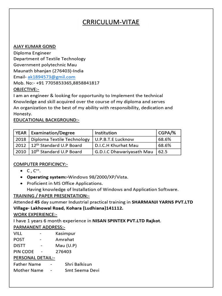 Crriculum-Vitae: Operating System:-Windows 98/2000/XP/Vista | PDF