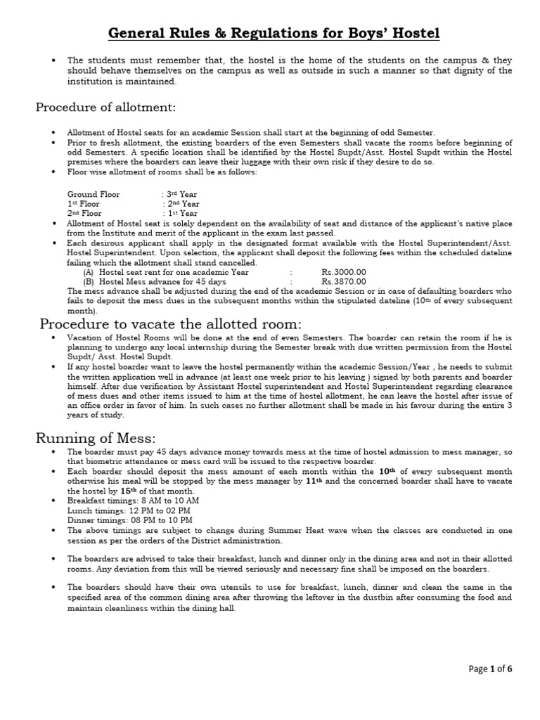 MSU Boys Hostel Rules and Regulations | PDF | Boarding School | Crimes