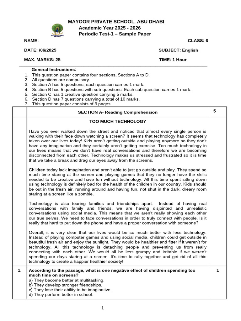 Class 6 English Sample Paper 2025 | PDF