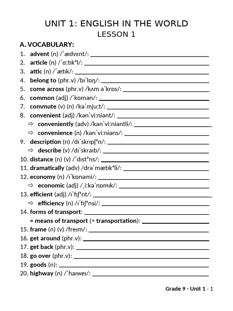 2024 G9 Unit1 Handout1 | PDF | English Language | Vocabulary