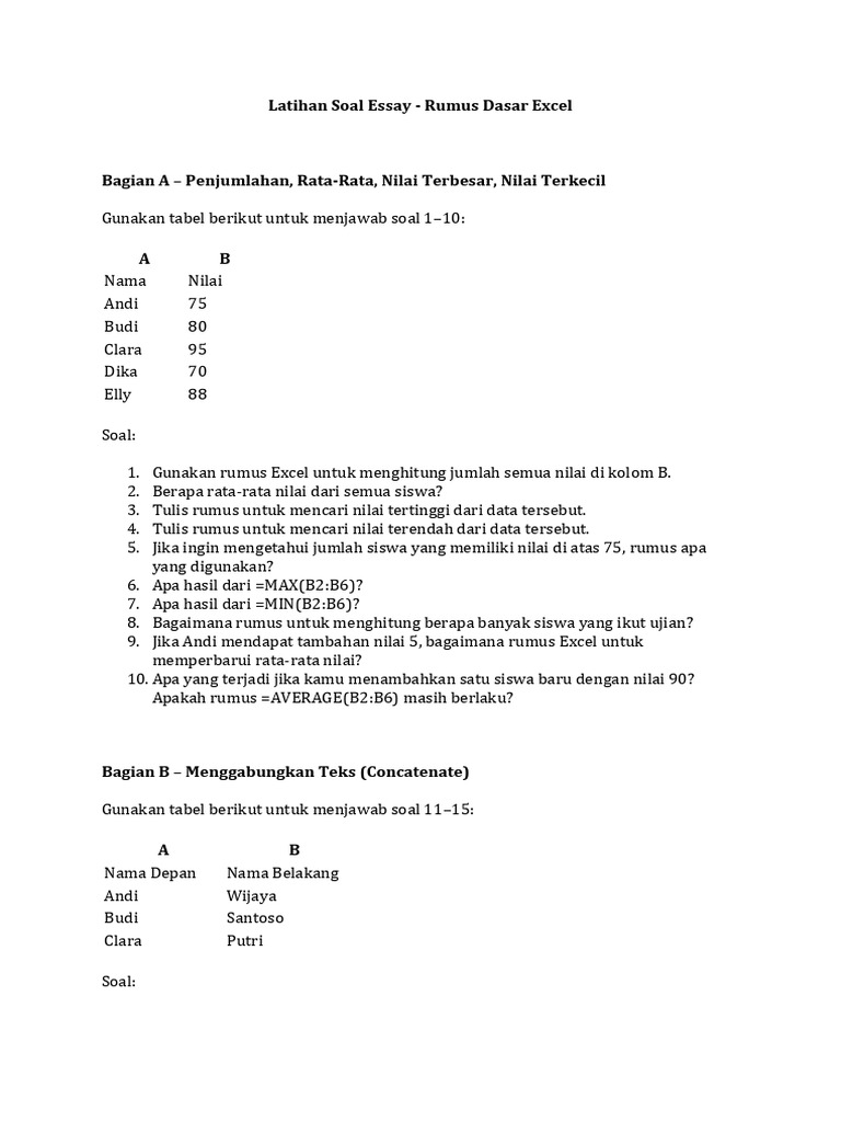 Soal Essay Dasar Microsoft Excel | PDF