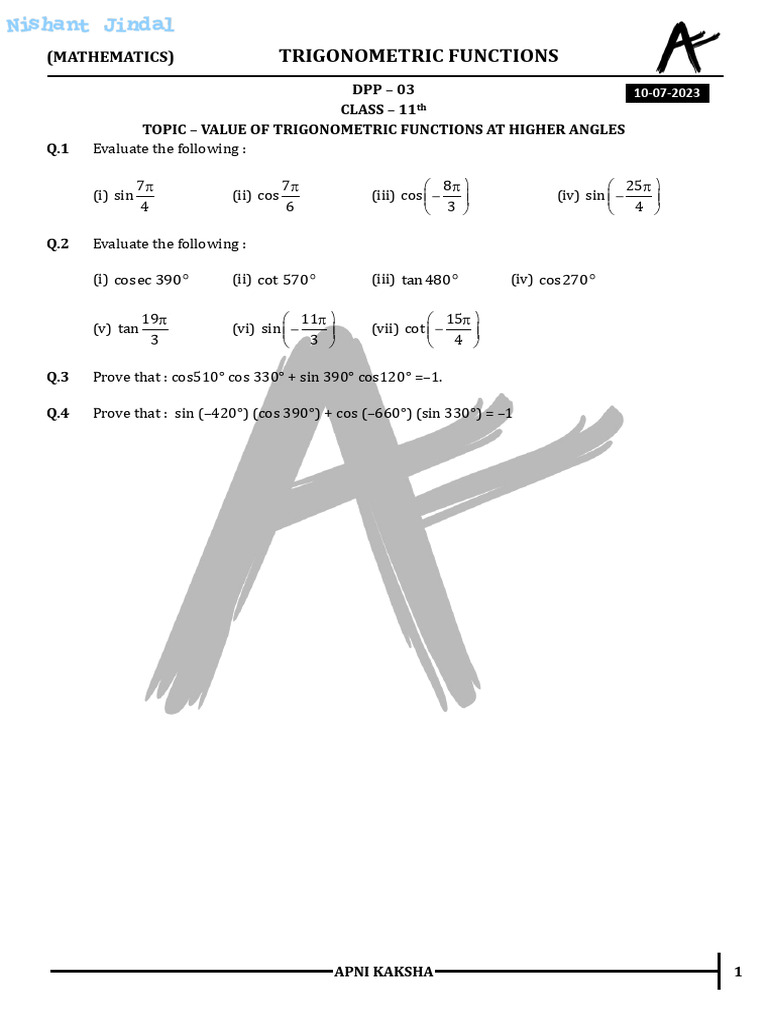 DPP 03 Trigonometric Functions Value of Trigonome NJ 247 | PDF