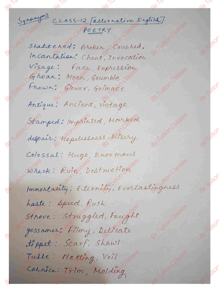 Synonyms Alternative English Poetry Section Class 12 | PDF