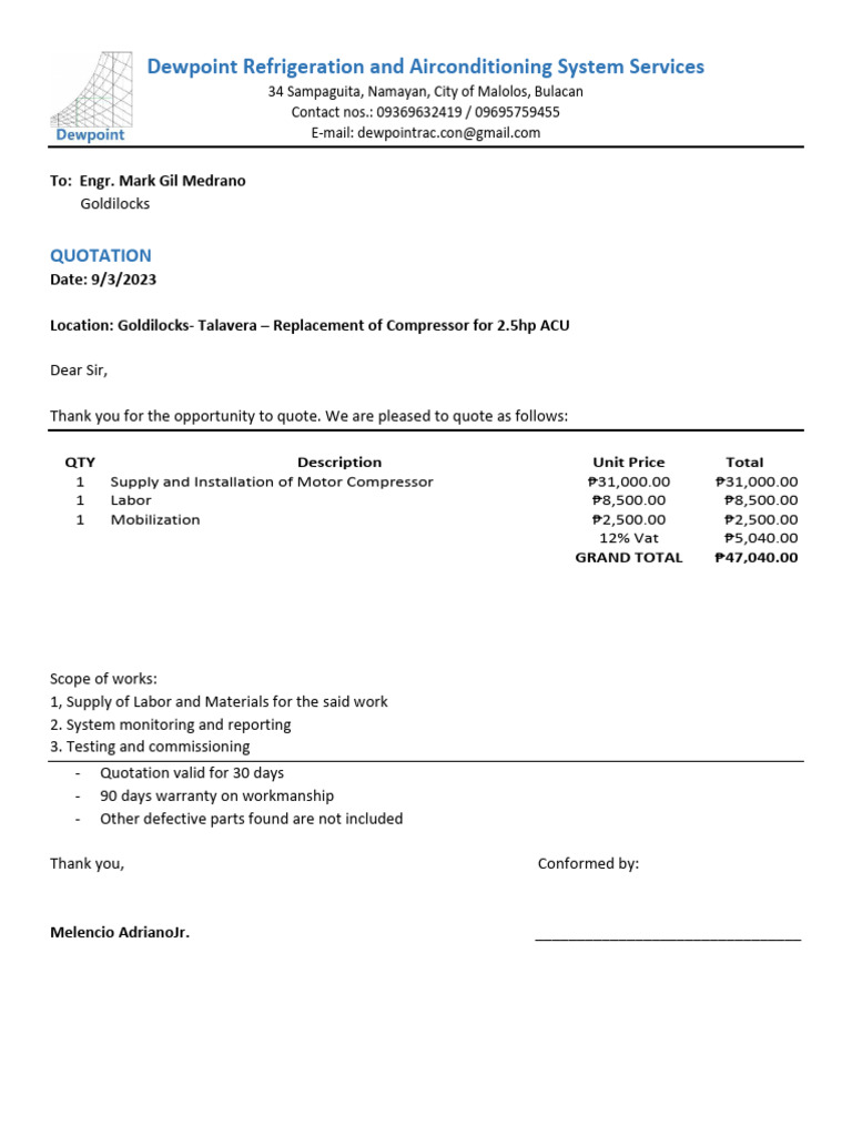 Goldilocks Talavera Replacement of Compressor 2.5hp ACU | PDF