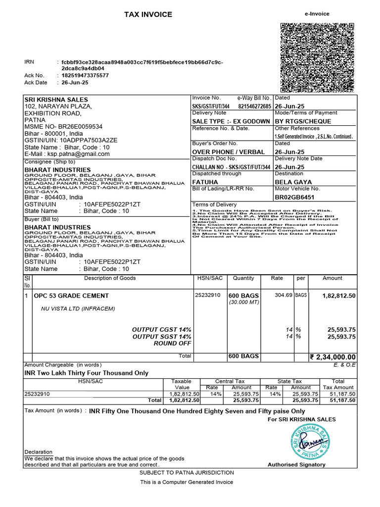 FUT-344 Tax Invoice & E-Way Bill Bharat Industries | PDF | Business ...