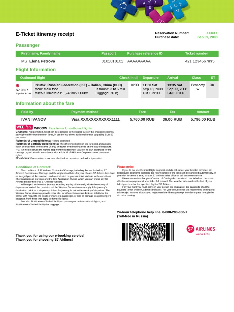 E Ticket Example | PDF | Airlines | Ticket (Admission)