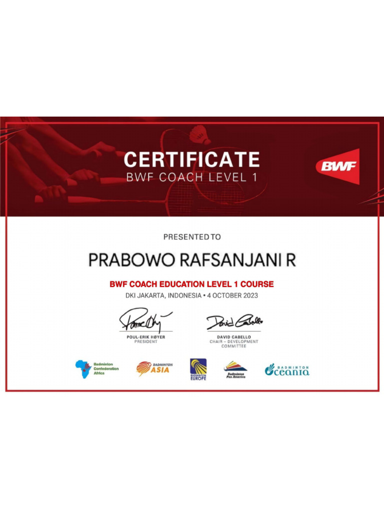 Sertifikat BWF Prabowo | PDF