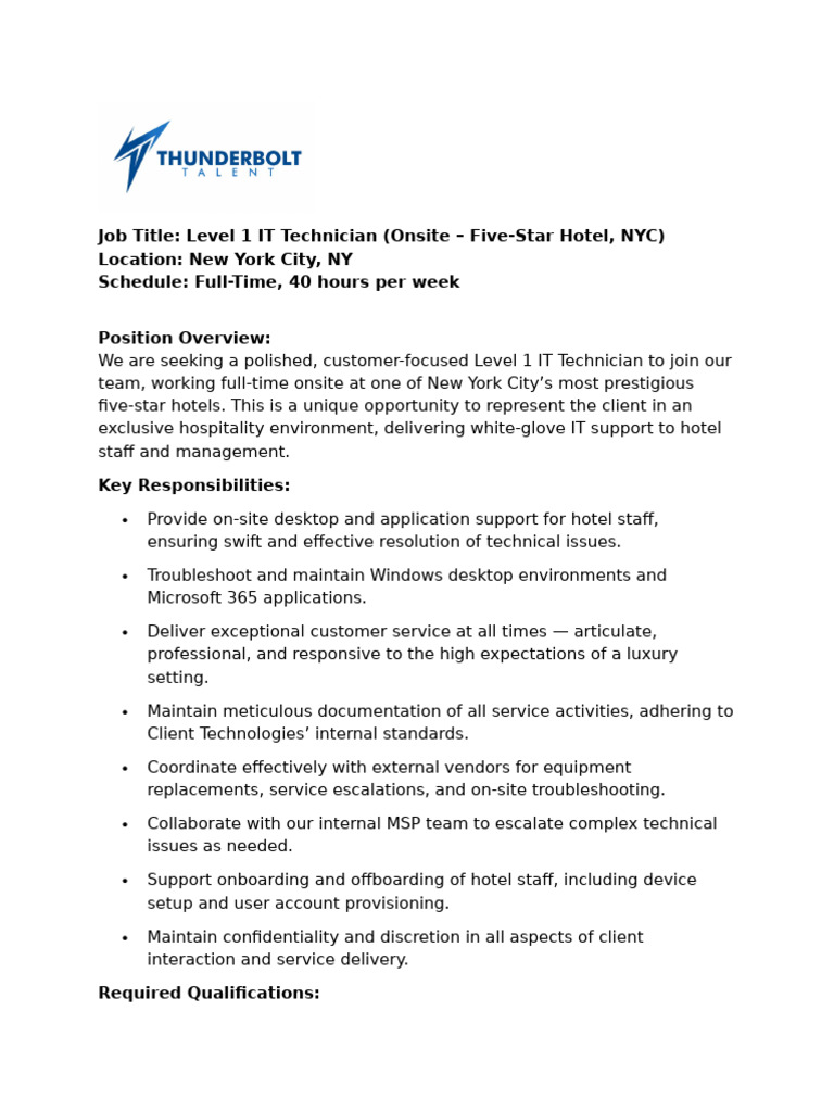 Level 1 IT Technician (Onsite - Five-Star Hotel J NYC) | PDF | Software ...
