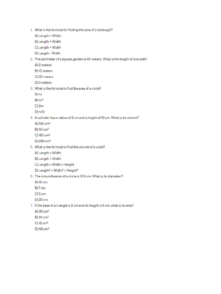 Mensuration Question Paper | PDF